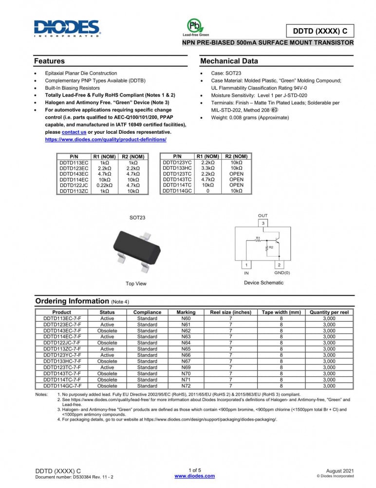 DDTD114EC-7-F datasheet page 1
