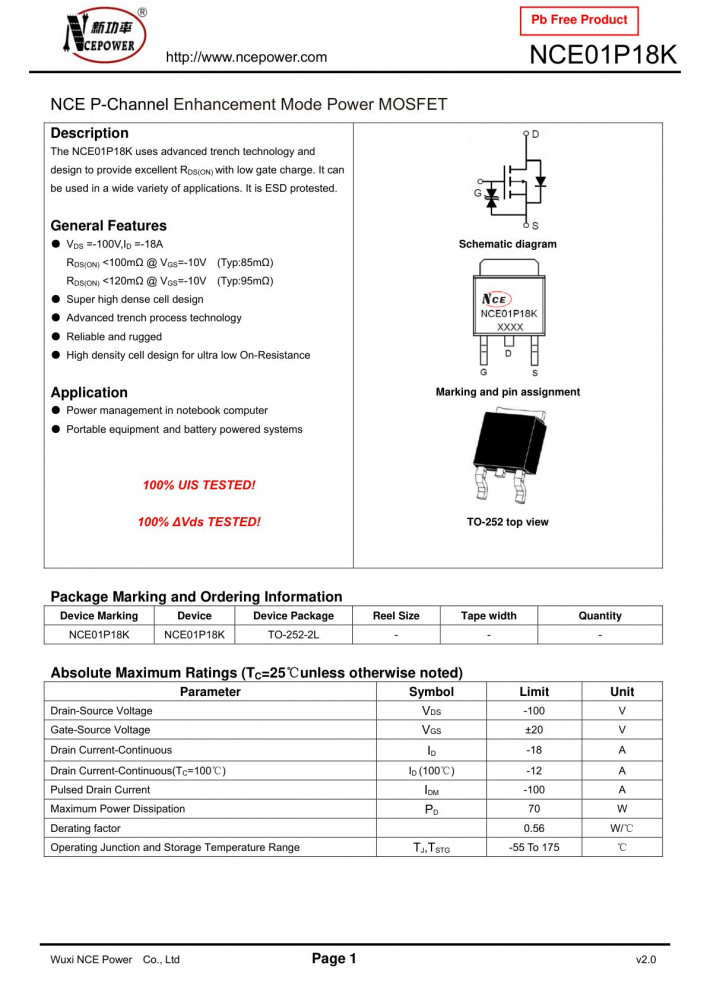 NCE01P18K datasheet page 1
