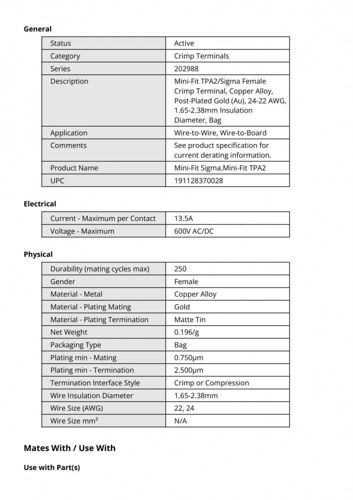 Technical document page 2 for MOLEX 2029886142