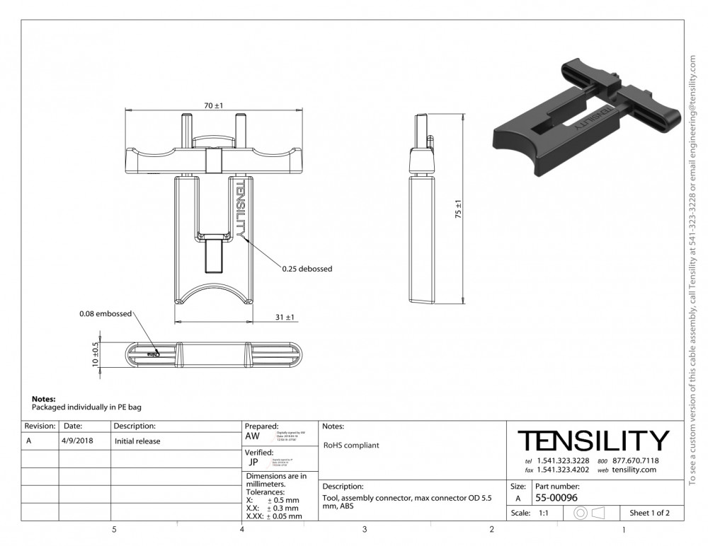 Tensility 55-00096 connector assembly tool drawing, sheet 1 of 2