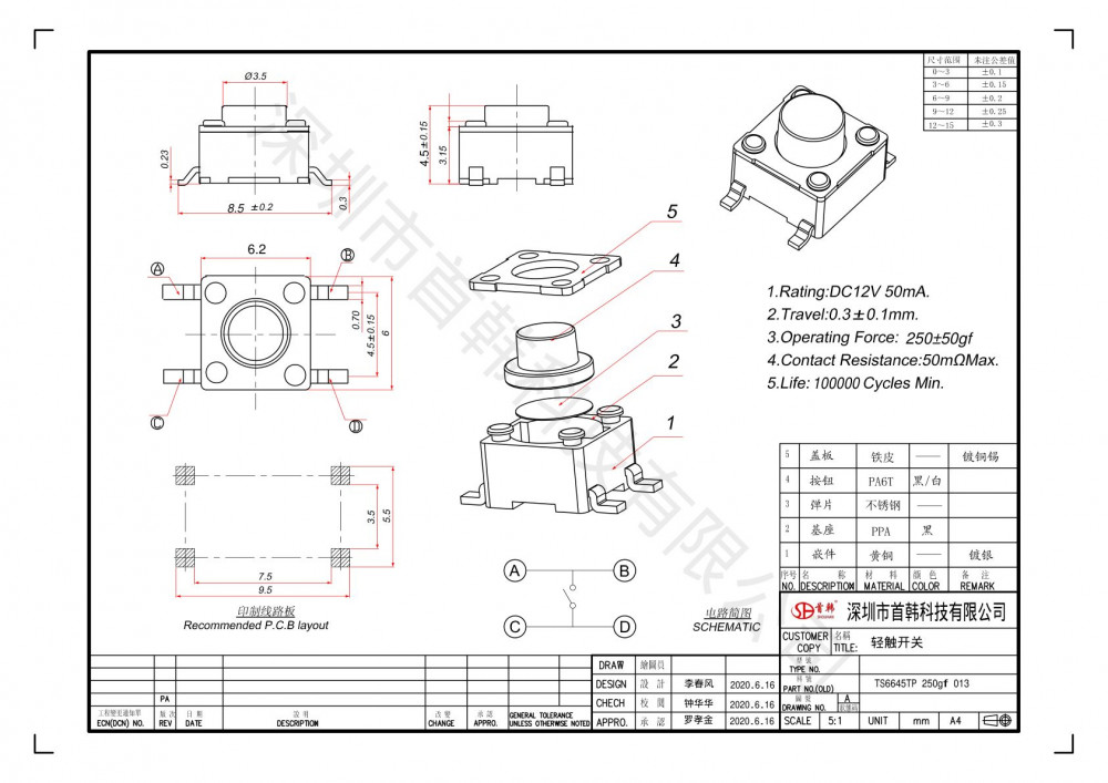 TS6645TP 250gf 013 specification page 1