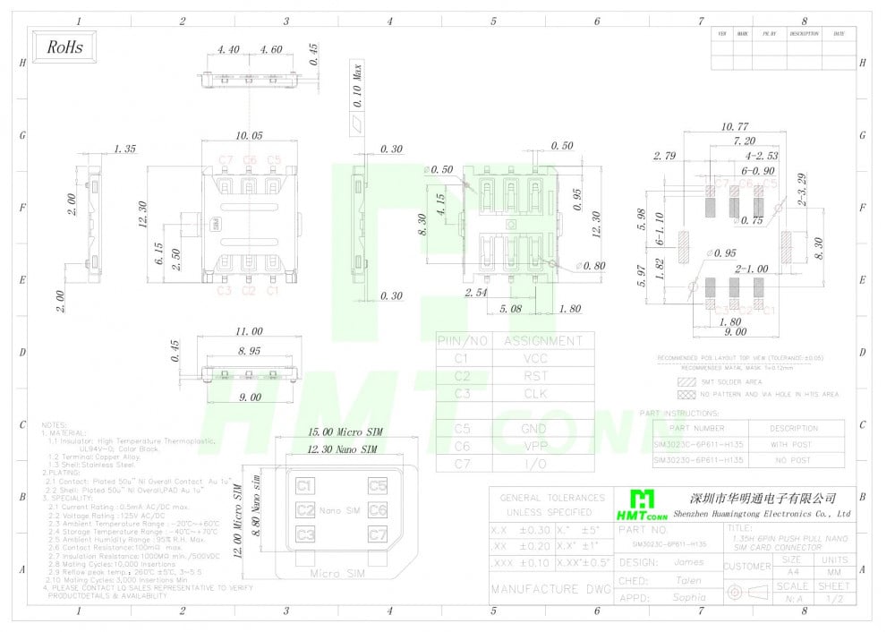 HMTCONN SIM3023C-6P611-H135 technical document page 1
