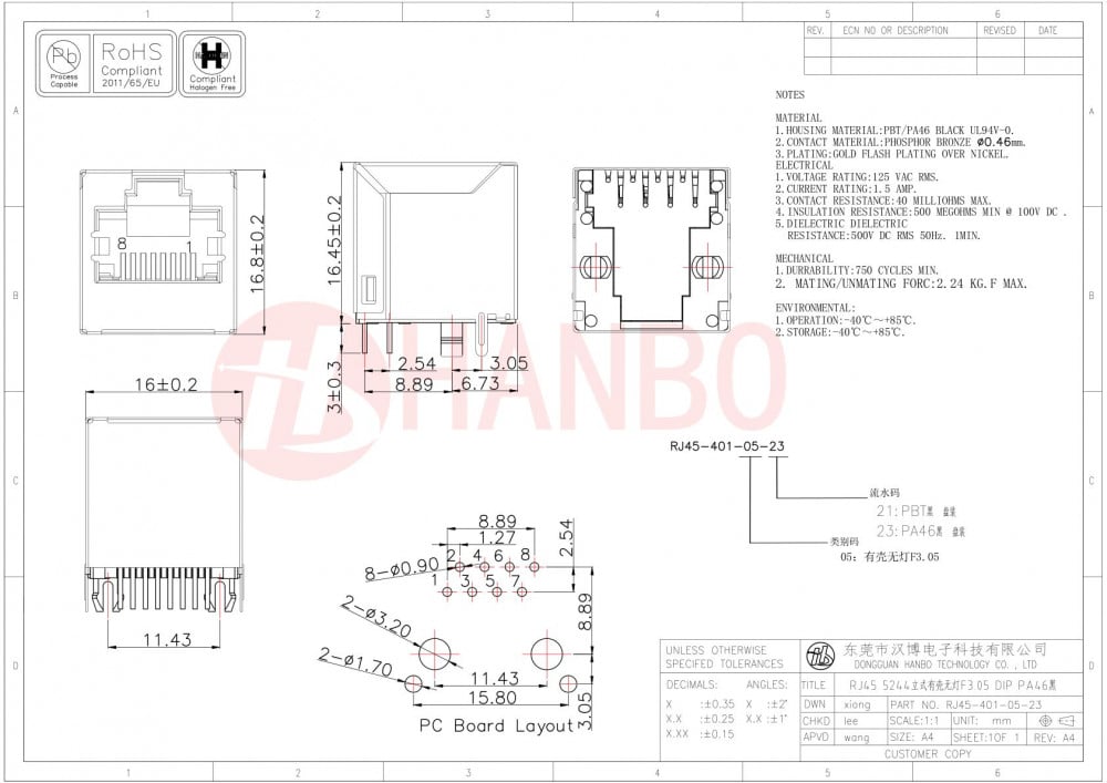 Hanbo Electronic RJ45-401-05-23 technical document preview