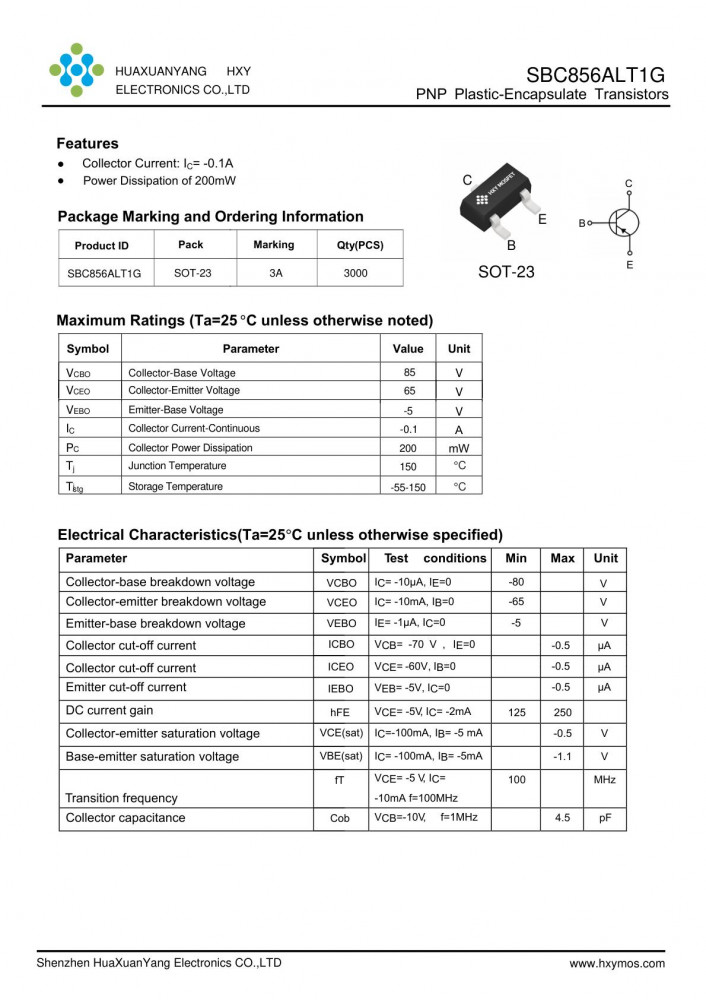 SBC856ALT1G-HXY datasheet page 1