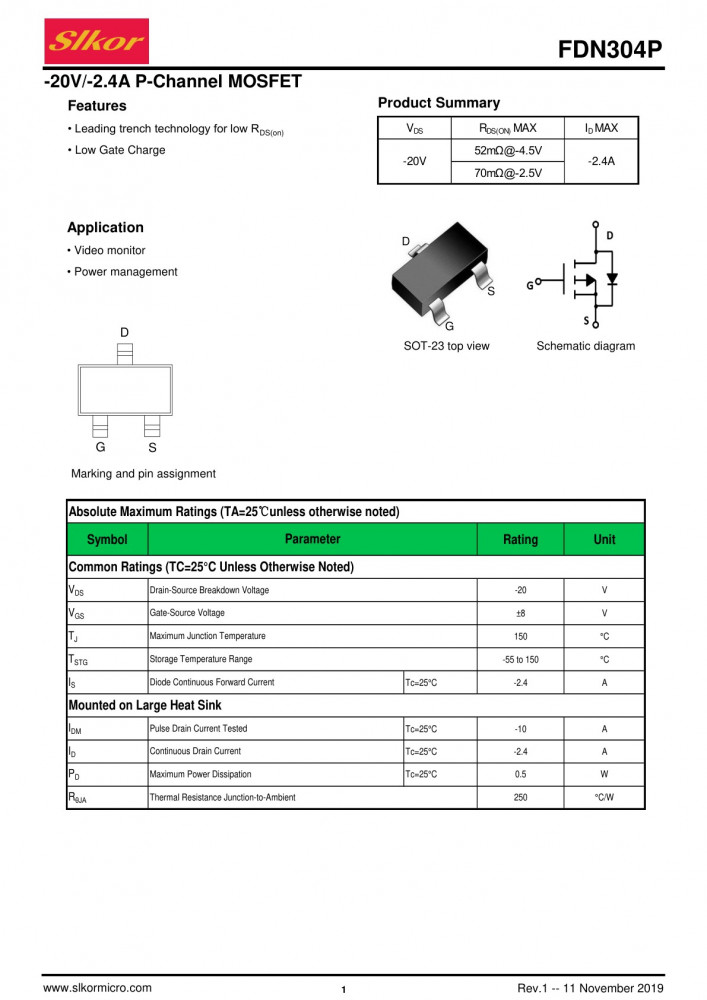 FDN304P datasheet page 1