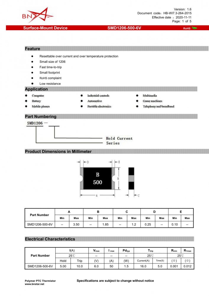 BNstar SMD1206-500-6V datasheet page 1