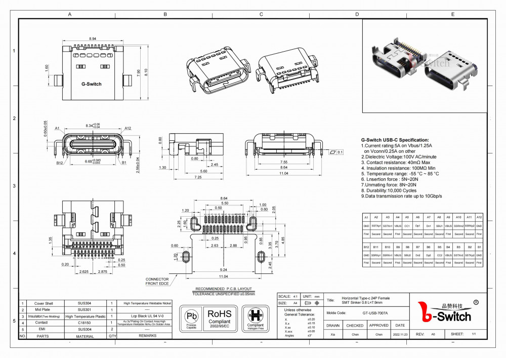 GT-USB-7007A technical drawing page 1