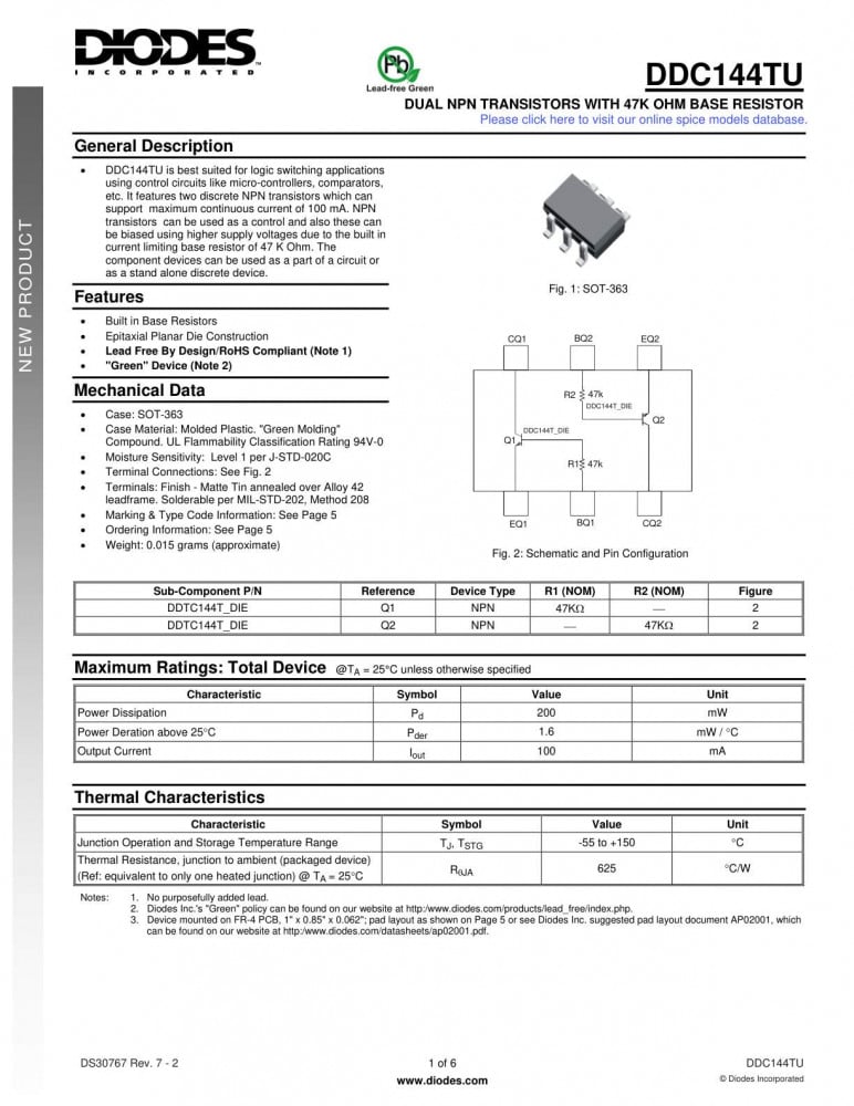 DDC144TU-7 datasheet page 1