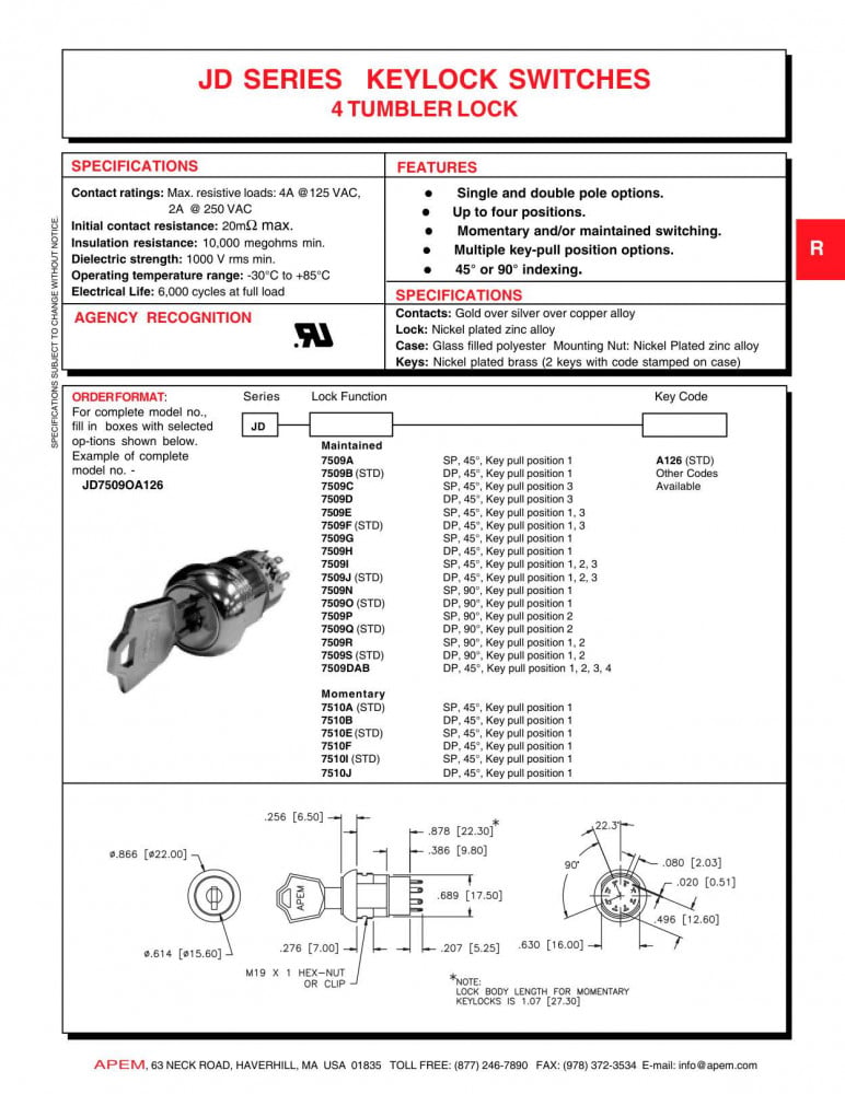 APEM JD series A126 technical document page 1