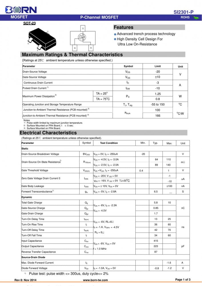 BORN SI2301 datasheet page 1