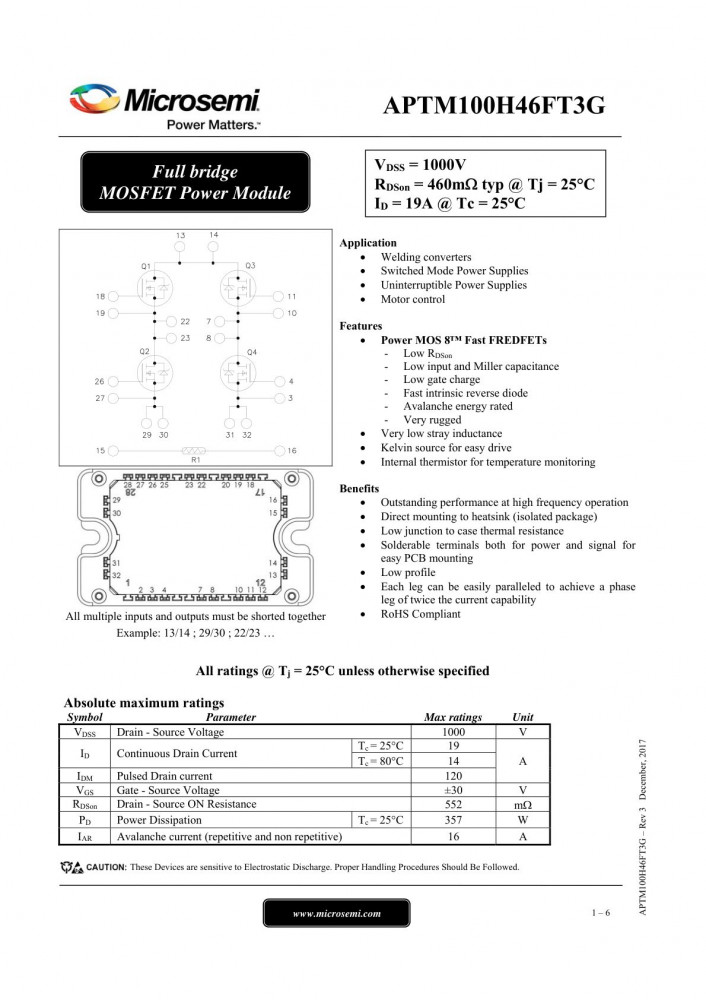 APTM100H46FT3G datasheet page 1