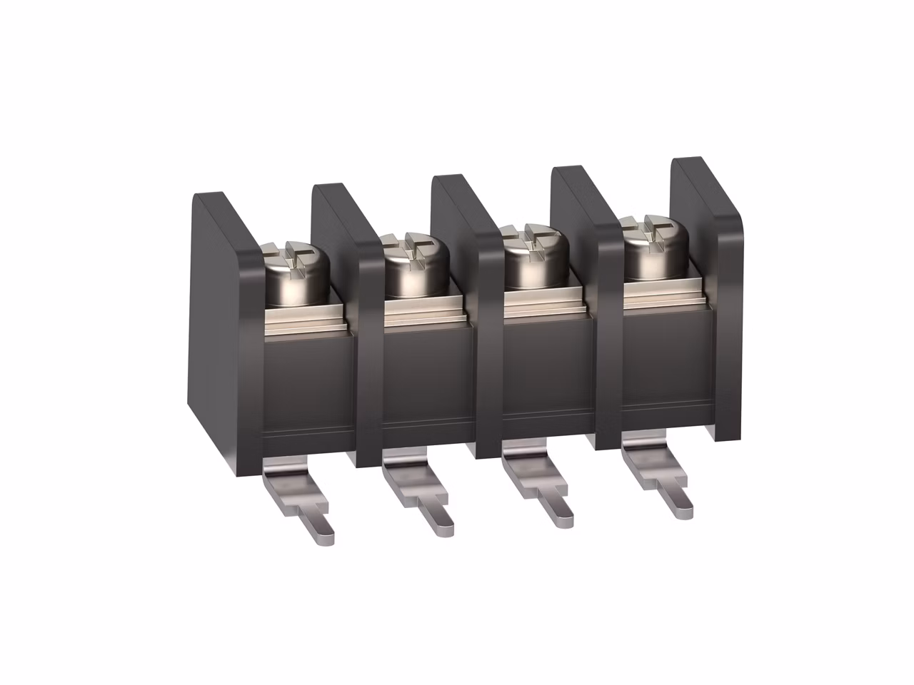 8.26mm Pitch, Single Row, Dual-Barrier Terminal Strip, Right Angle Terminals without Mounting Ends, Black, Steel Screws, 4 Circuits for sale