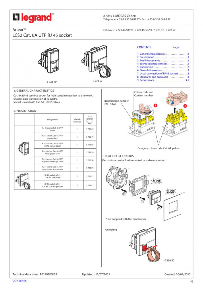 Legrand Arteor LCS2 Cat. 6A UTP RJ45 socket technical document, page 1