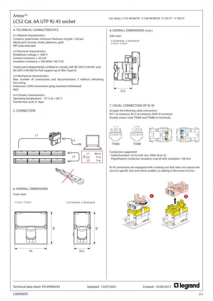 Legrand Arteor LCS2 Cat. 6A UTP RJ45 socket technical document, page 2