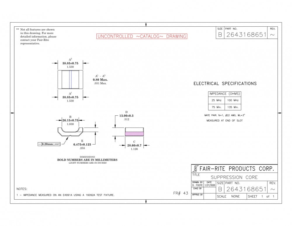 Fair-Rite 2643168651 suppression core drawing