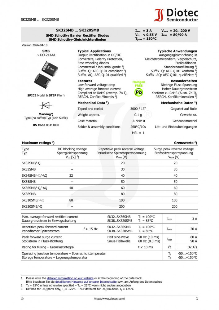 DIOTEC SK32SMB to SK320SMB datasheet page 1