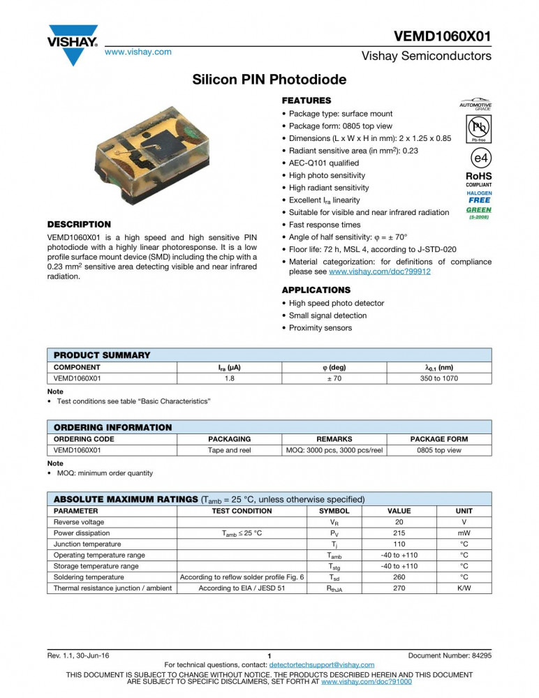 VEMD1060X01 datasheet page 1