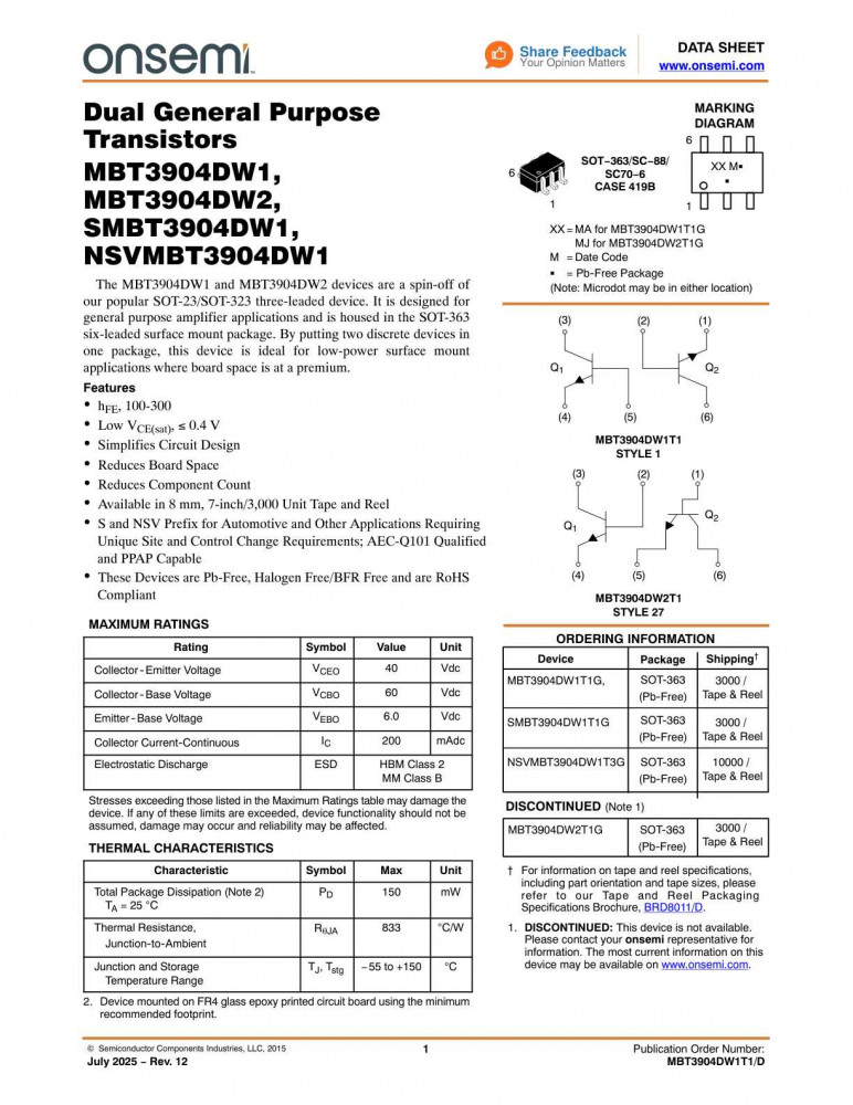MBT3904DW1T1G datasheet page 1