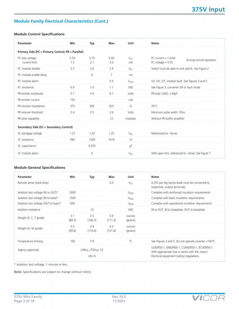 VICOR V375B28H300BN datasheet page 3