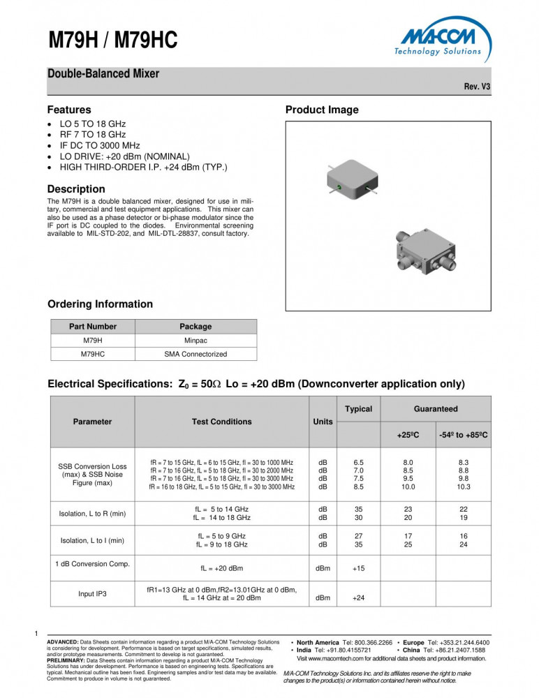 MACOM M79HC datasheet page with electrical specifications