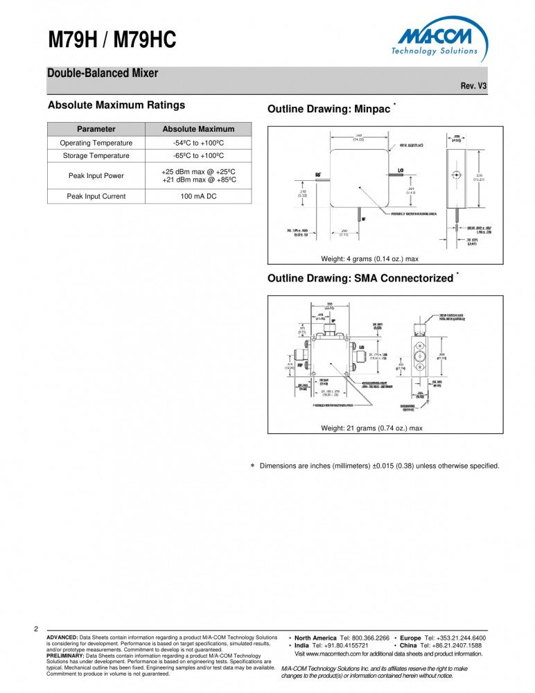 MACOM M79HC datasheet page with absolute maximum ratings and outline drawings