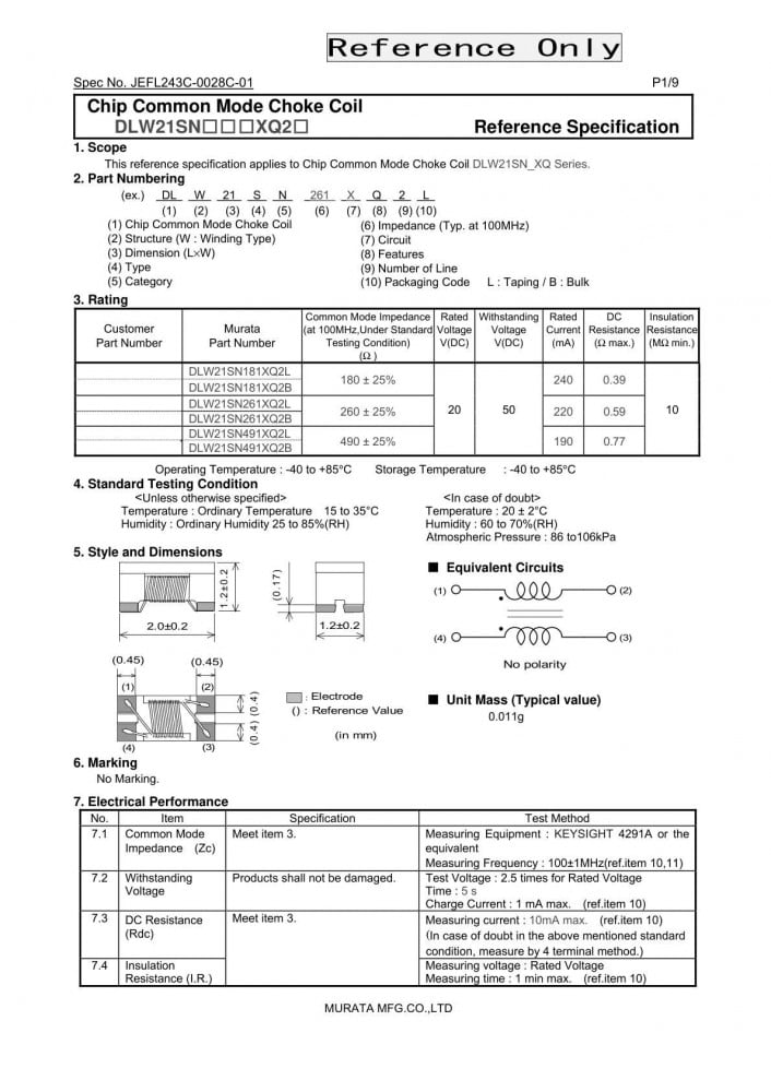 DLW21SN series specification page 1