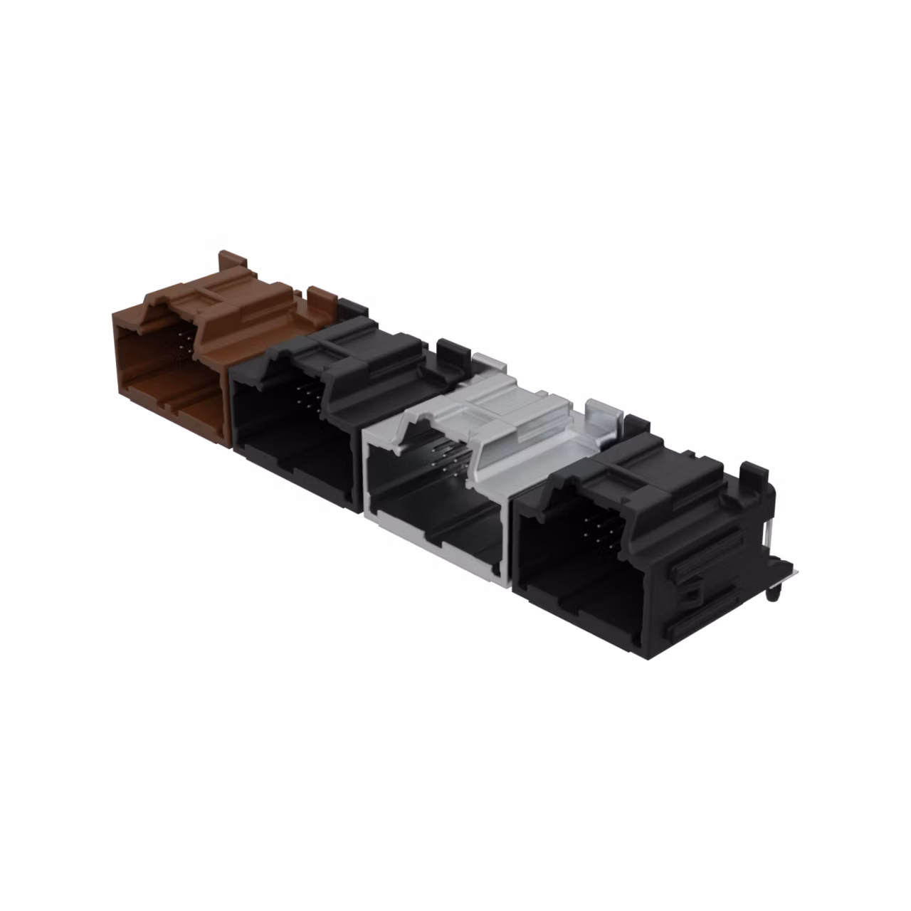 Stac64 4 Bay Right-Angle Headers, 76 Circuits, Bay A 20 Circuit Signal Header, Polarization C, Brown; Bay B 20 Circuit Signal Header, Polarization A, Black; Bay C 20 Circuit Signal Header, Polarization B, Gray; Bay D 16 Circuit Signal Header Polarization A for sale