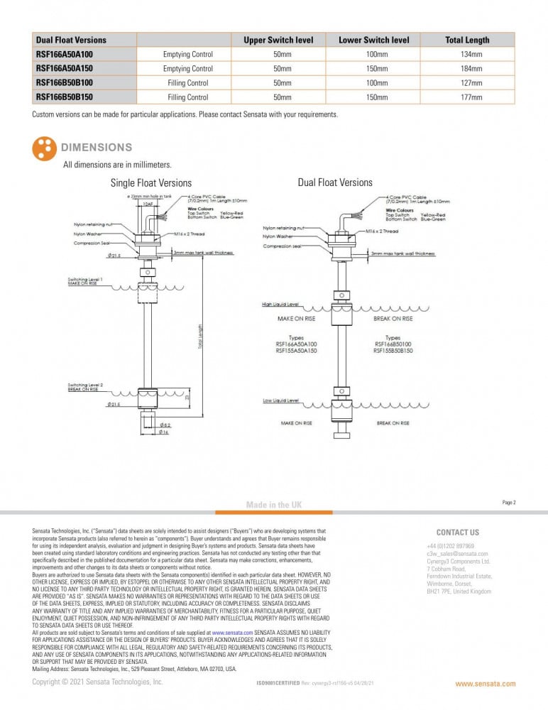 Sensata RSF166 float switch technical documentation page 2