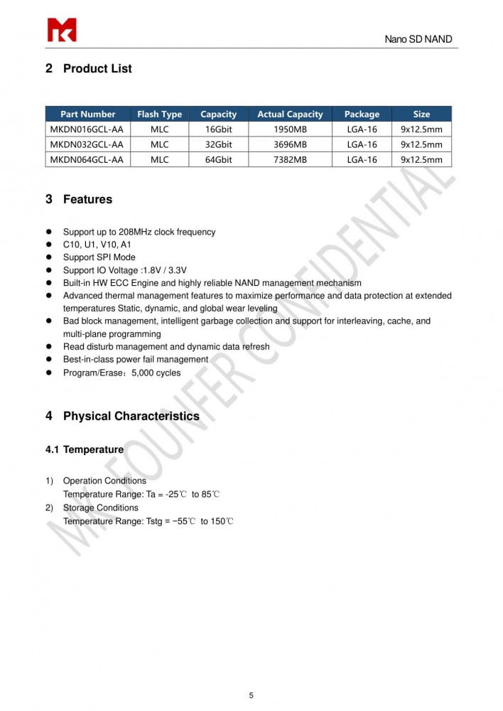 MK SD NAND datasheet page 5