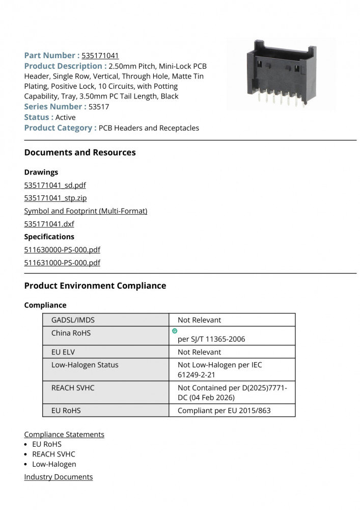 MOLEX 535171041 product document preview, page 1