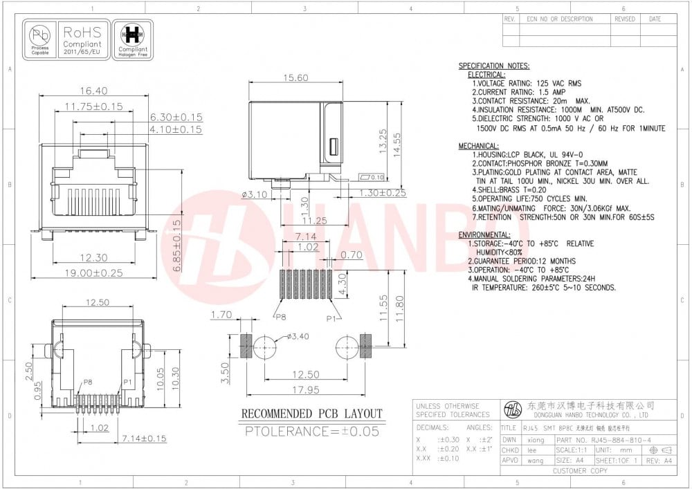 Hanbo Electronic RJ45-884-810-4 technical drawing