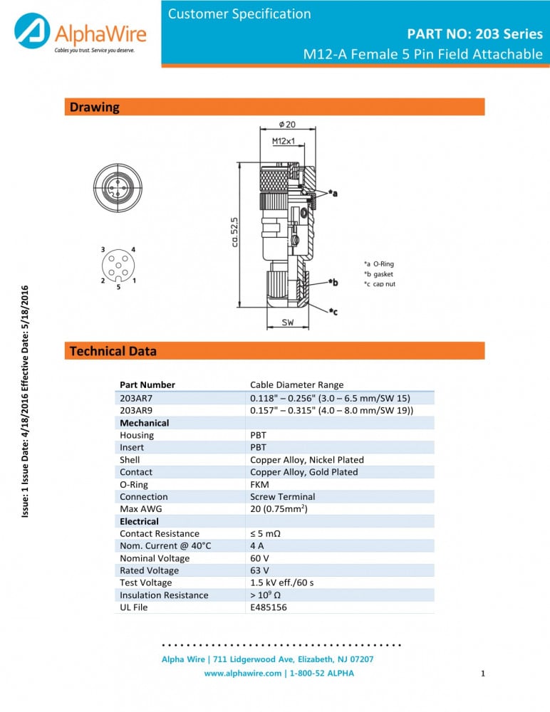 Alpha Wire 203AR7 NC081 technical drawing page 1