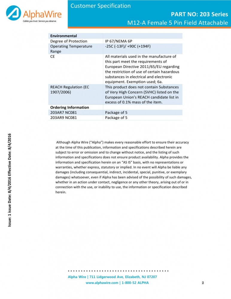 Alpha Wire 203AR7 NC081 technical drawing page 2