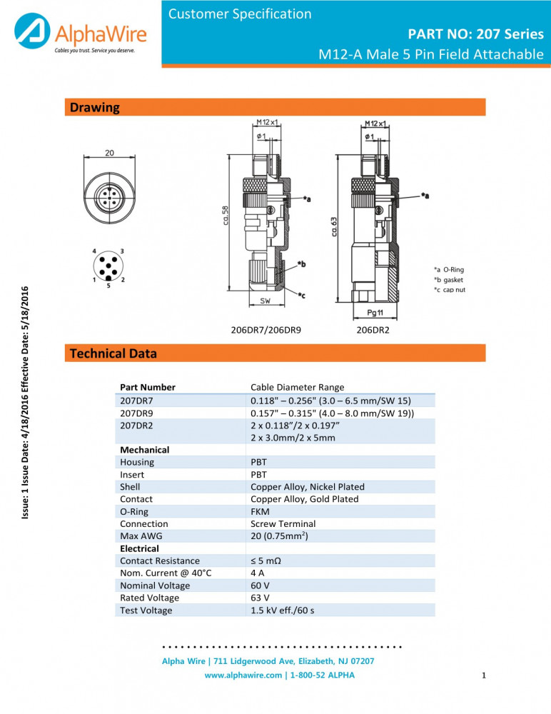 Alpha Wire 207DR7 NC081 technical drawing page 1