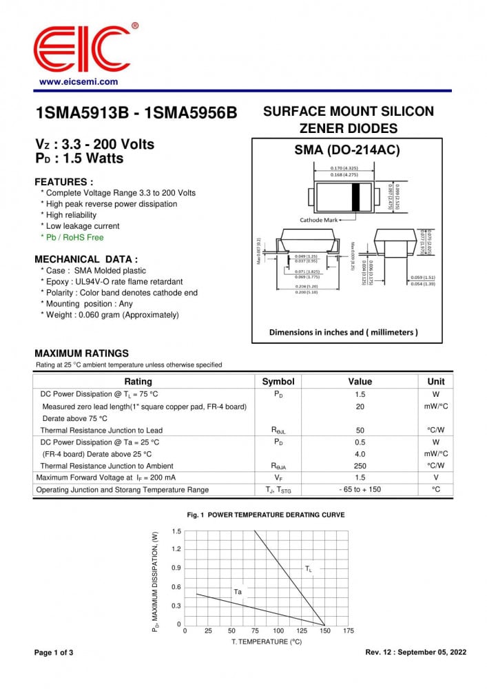EIC 1SMA5954B datasheet page 1