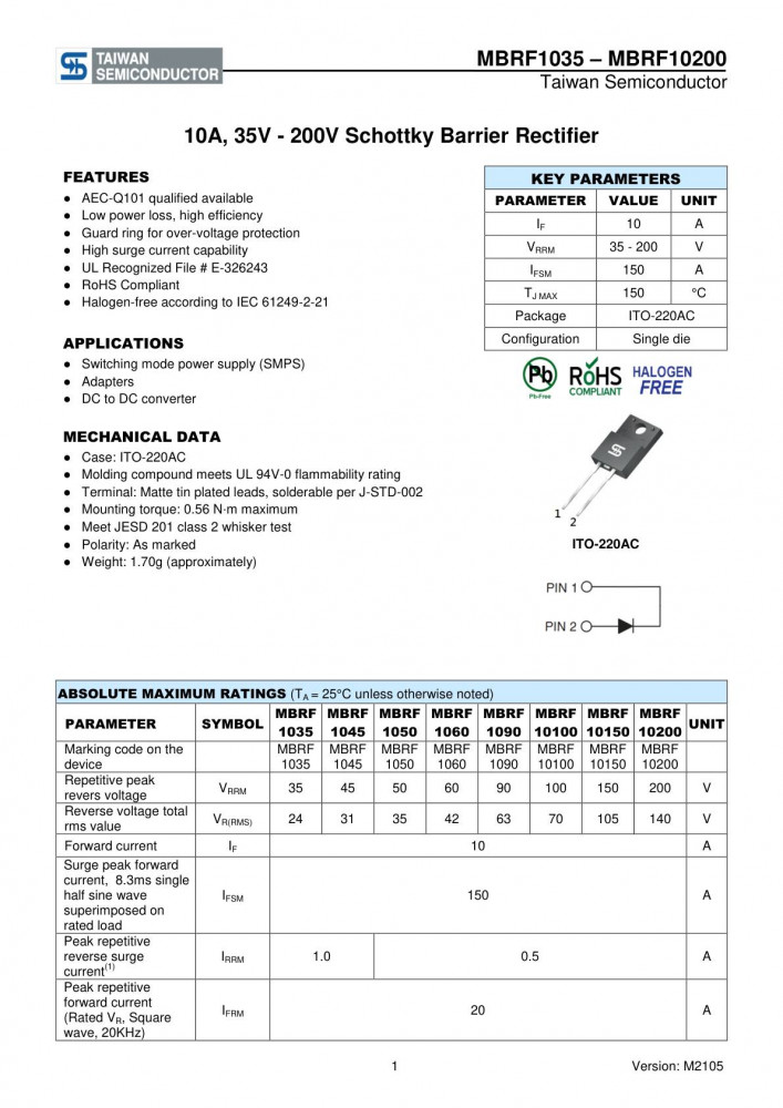 MBRF1050 datasheet page 1
