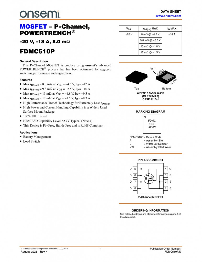 FDMC510P datasheet page 1