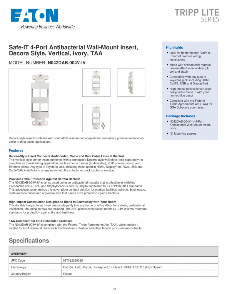 EATON N042DAB-004V-IV technical document page 1