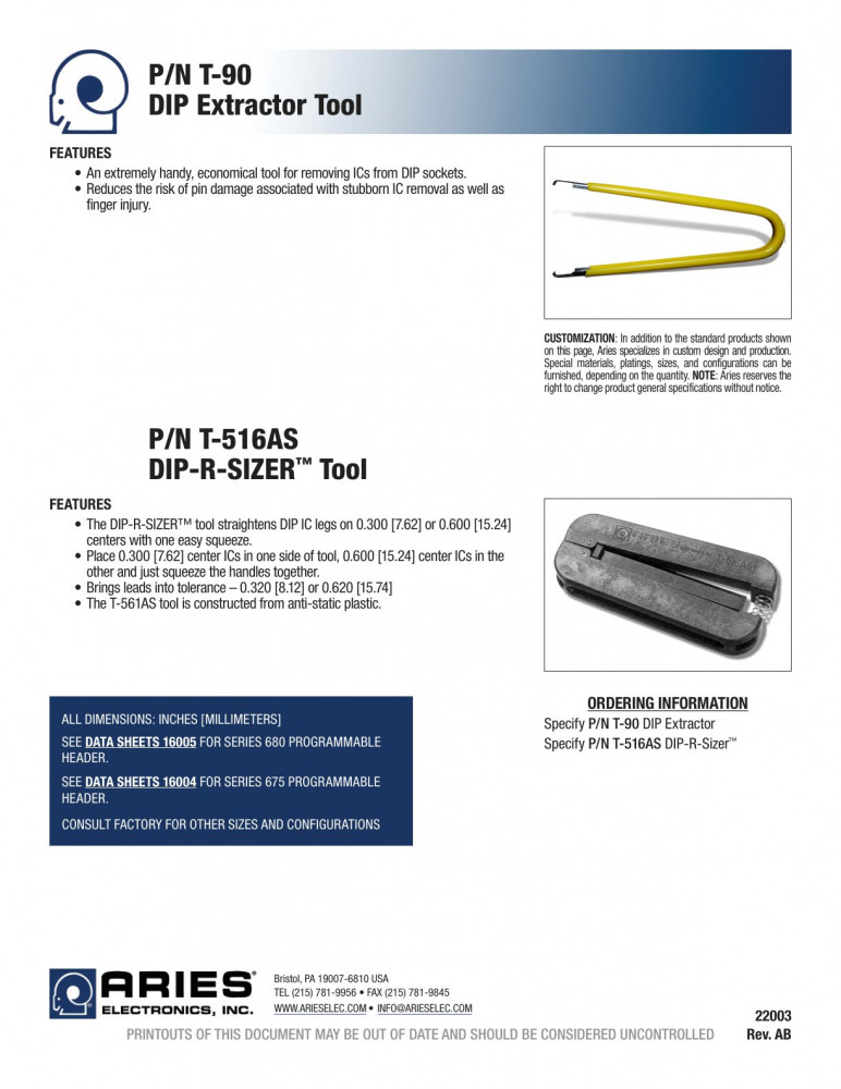 Aries Electronics product documentation page