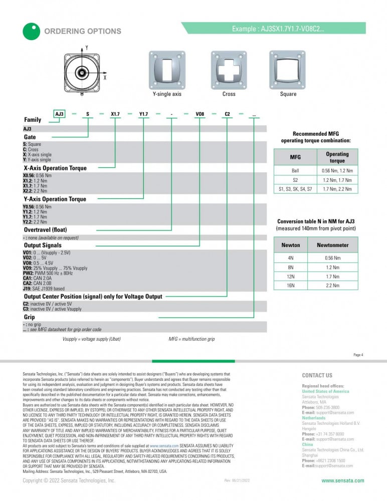 Sensata AJ3 Joystick technical document page 4