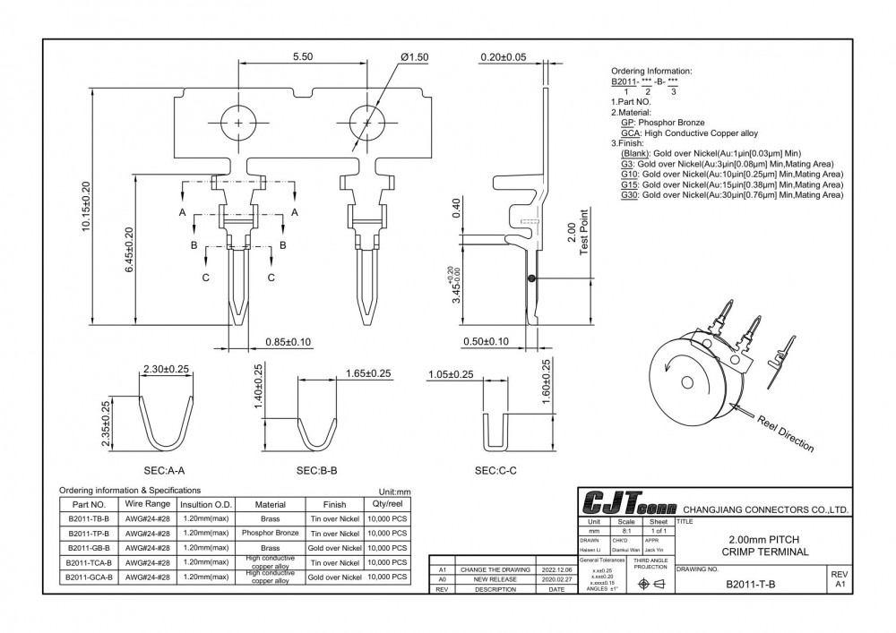 CJT B2011-TB-B 2.00 mm pitch crimp terminal technical drawing