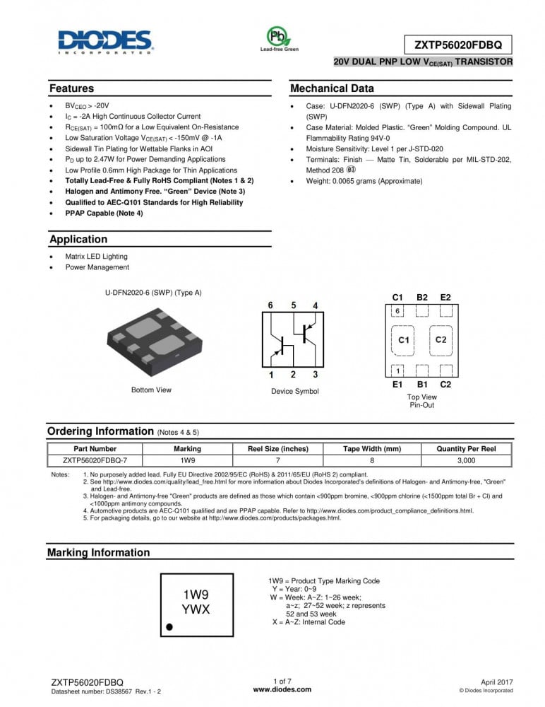 ZXTP56020FDBQ-7 datasheet page 1