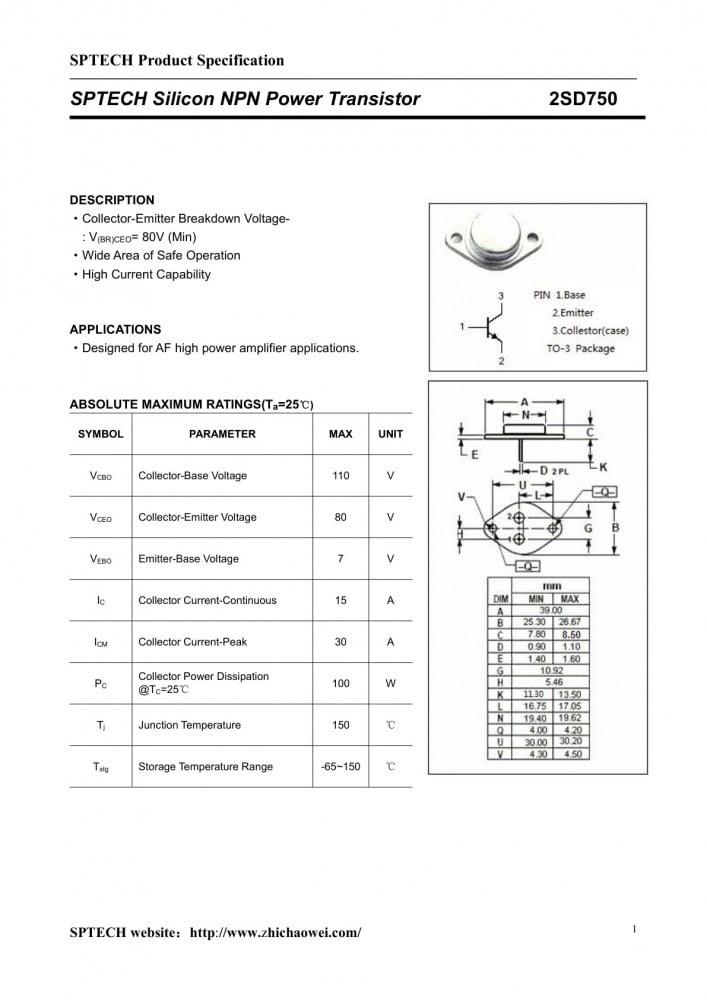 2SD750 technical document page 1