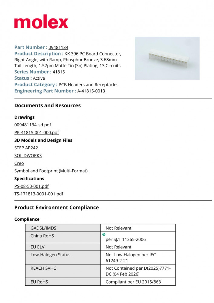 MOLEX KK 396 product specification, page image 1