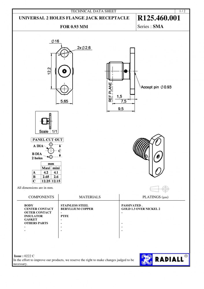 Radiall R125460001 technical datasheet page 1