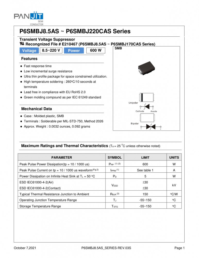 PANJIT P6SMBJ series datasheet page 1