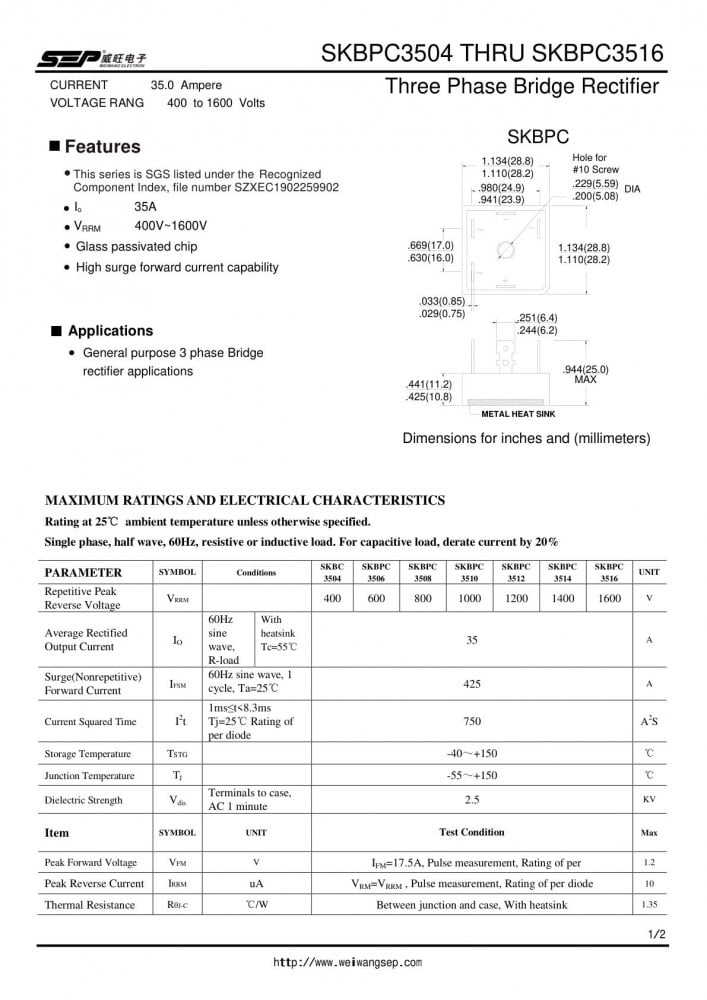 SKBPC3516 datasheet page 1