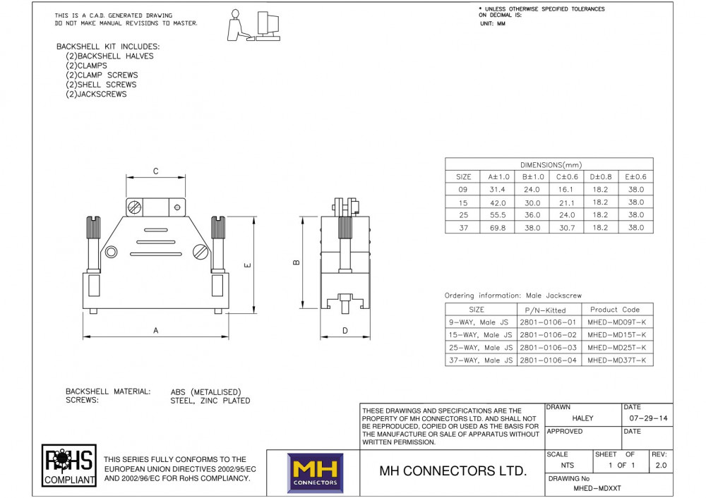 MH CONNECTORS MHED-MD37T-K technical drawing page