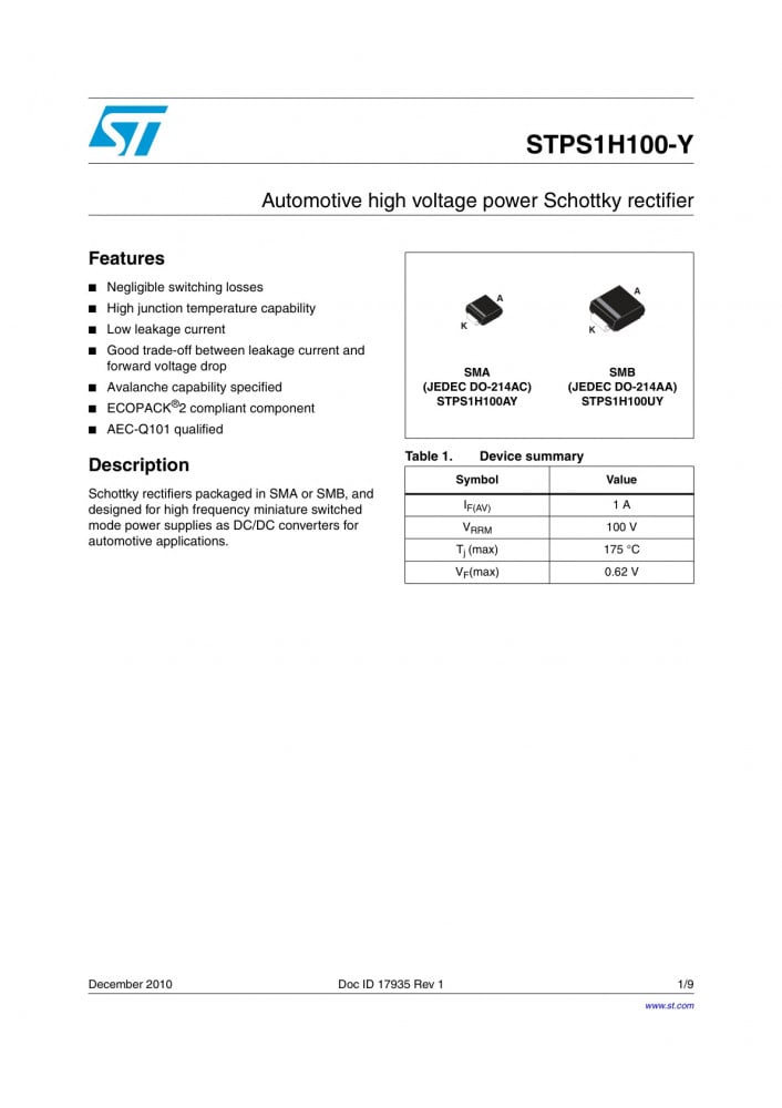 STPS1H100A datasheet page 1
