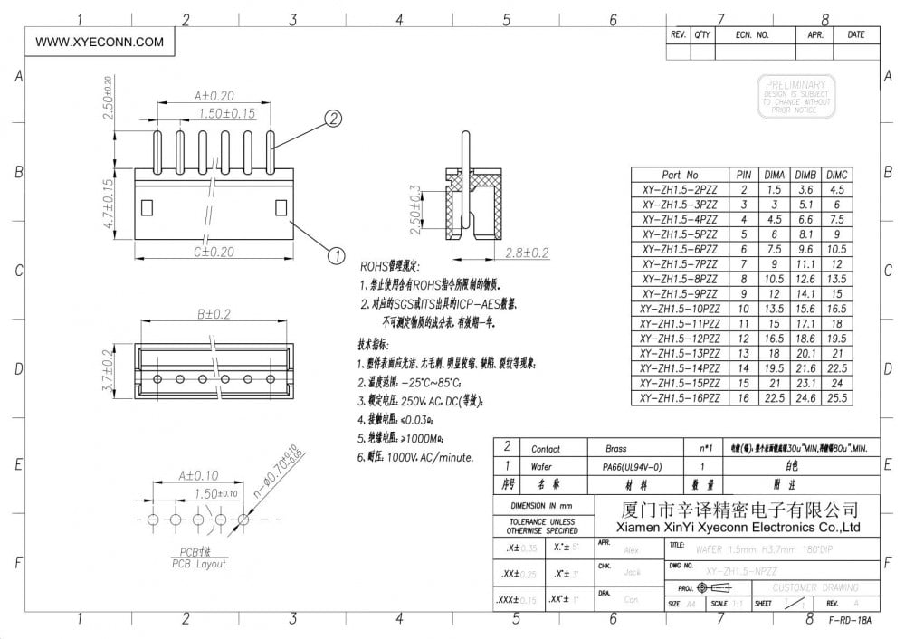XYECONN XY-ZH1.5-4PZZ technical drawing preview